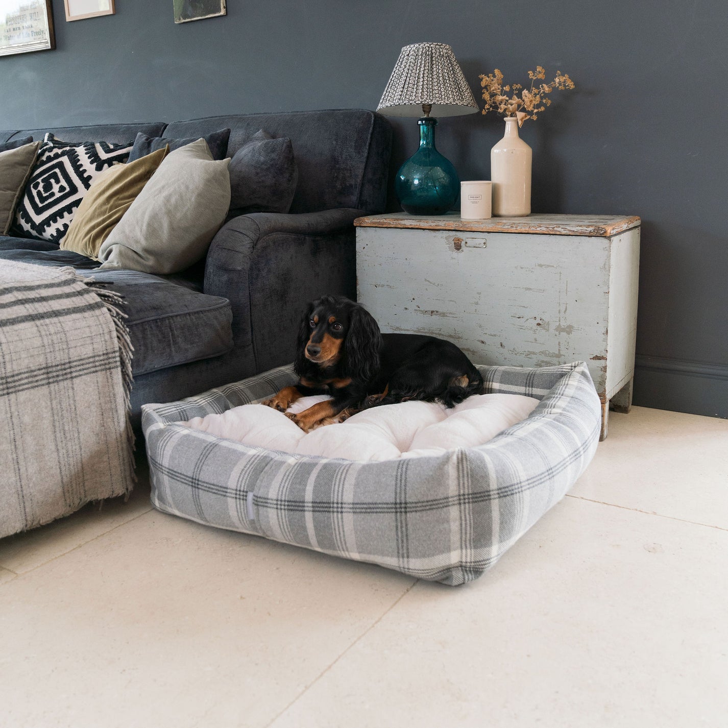 Dove Grey Tweed Box Bed For Dogs | Lords & Labradors Luxury Dog Beds